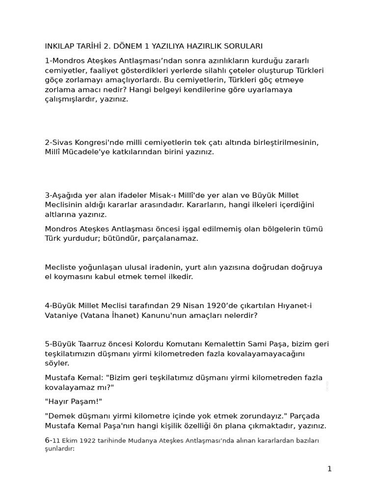 Inkilap Tari̇hi̇ 2 Dönem 1-Yaziliya Hazirlik Sorulari | PDF