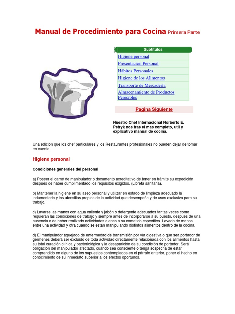 Manual de Procedimiento Para Cocina | Carne | Agua | Prueba gratuita de 30 días | Scribd
