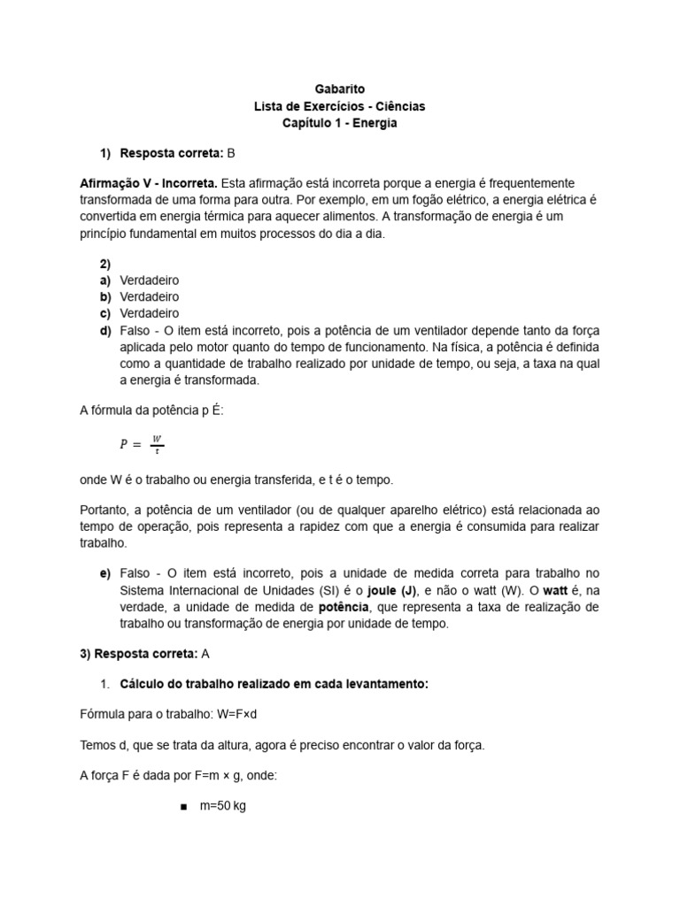 Gabarito - Lista de ExercÃ - Cios 8Â° Ano - CiÃ Ncias - Energia e Circuitos ElÃ©tricos | PDF ...