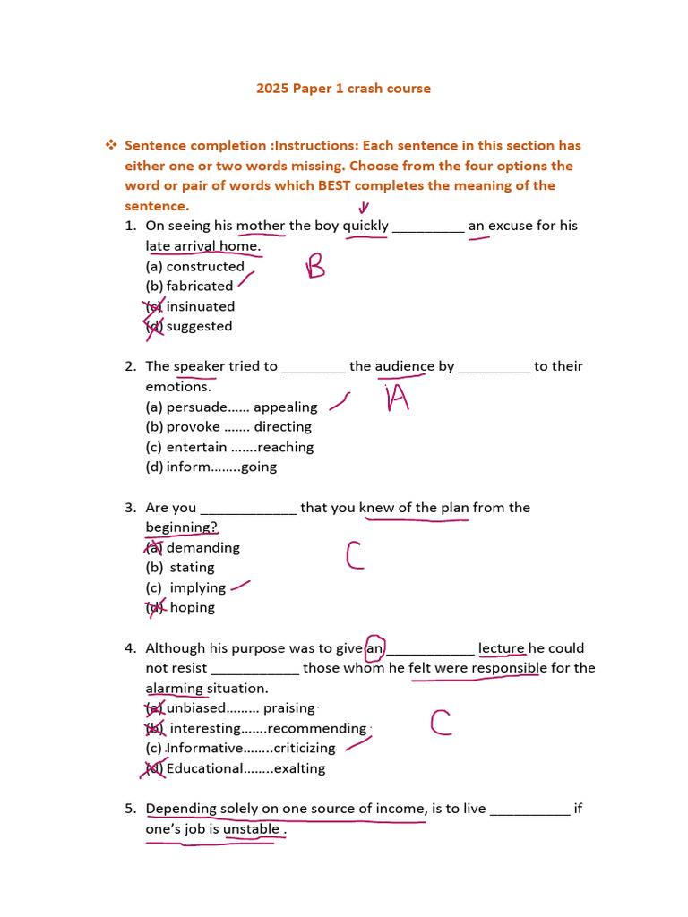 2025 Paper 1 Crash Course Answer Sheet-1 | PDF