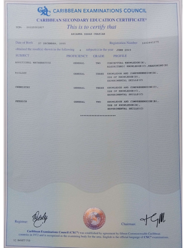 Arianna Chariah CXC Certificate 3 | PDF