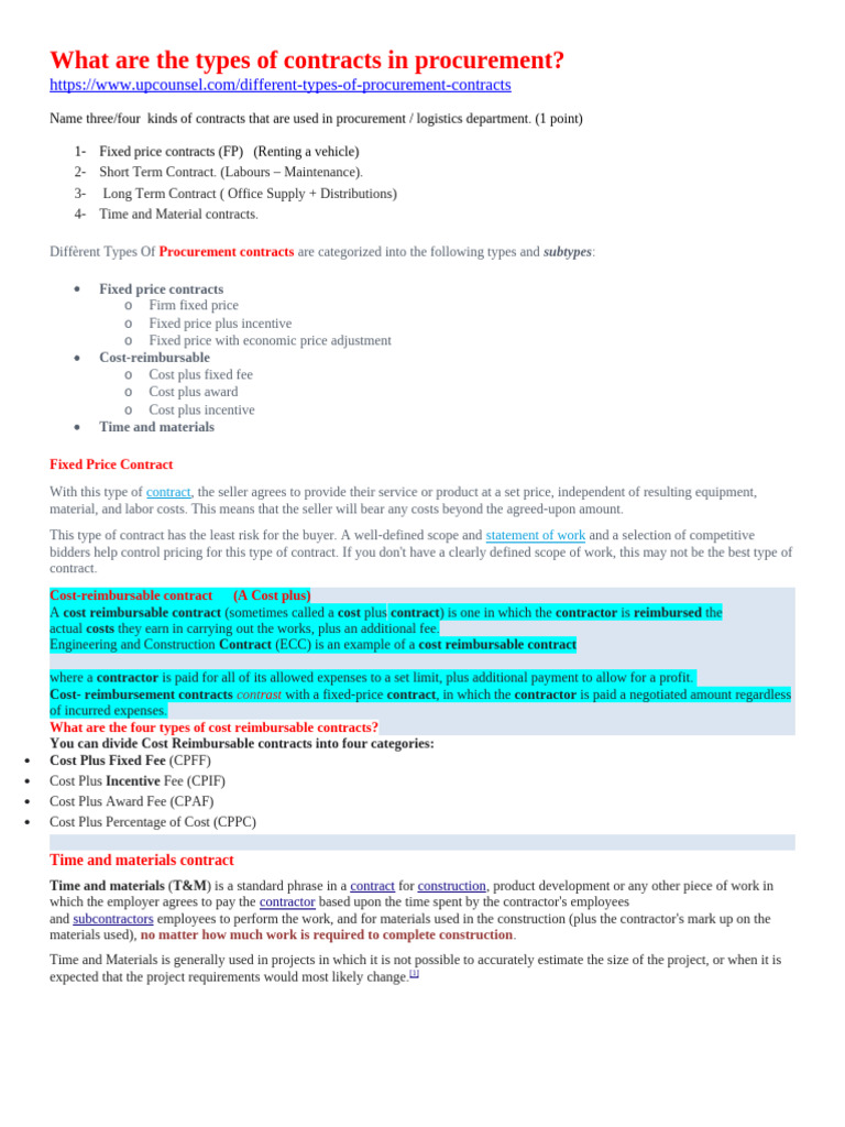 Types of Procurement Contracts Explained | PDF | Business | Private Law