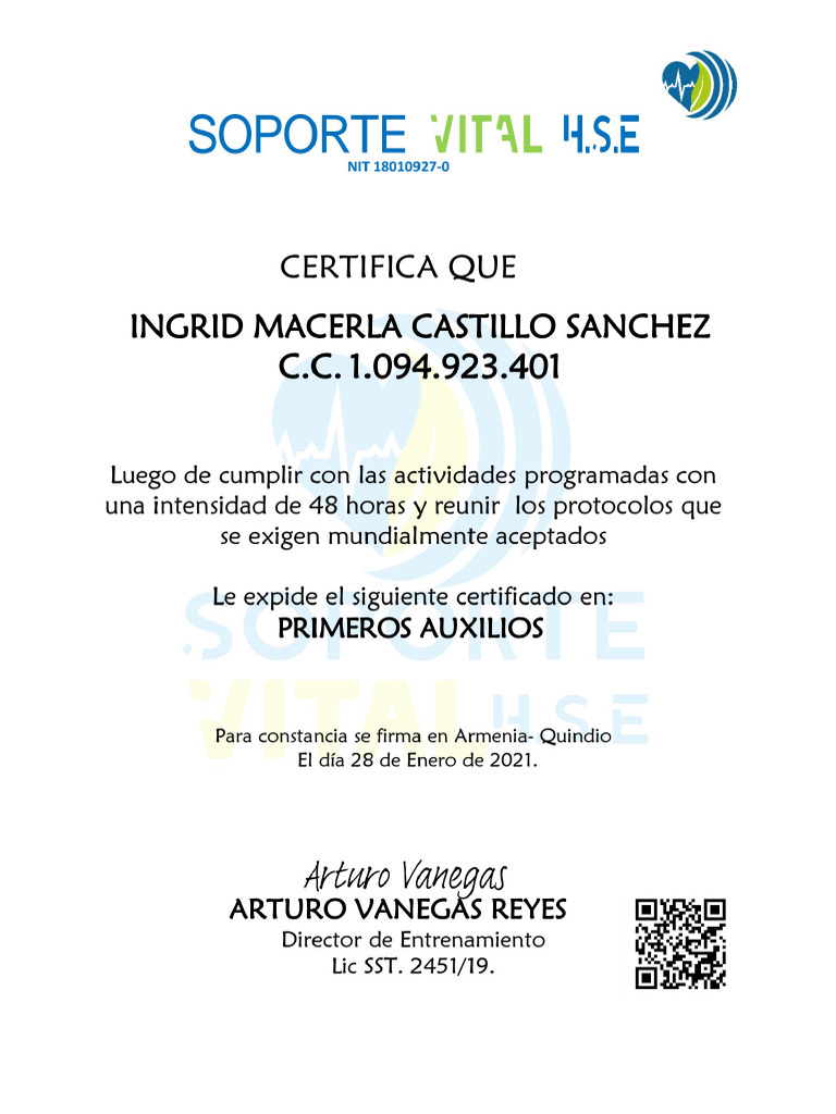 Certificados Primeros Auxilios INGRID | PDF