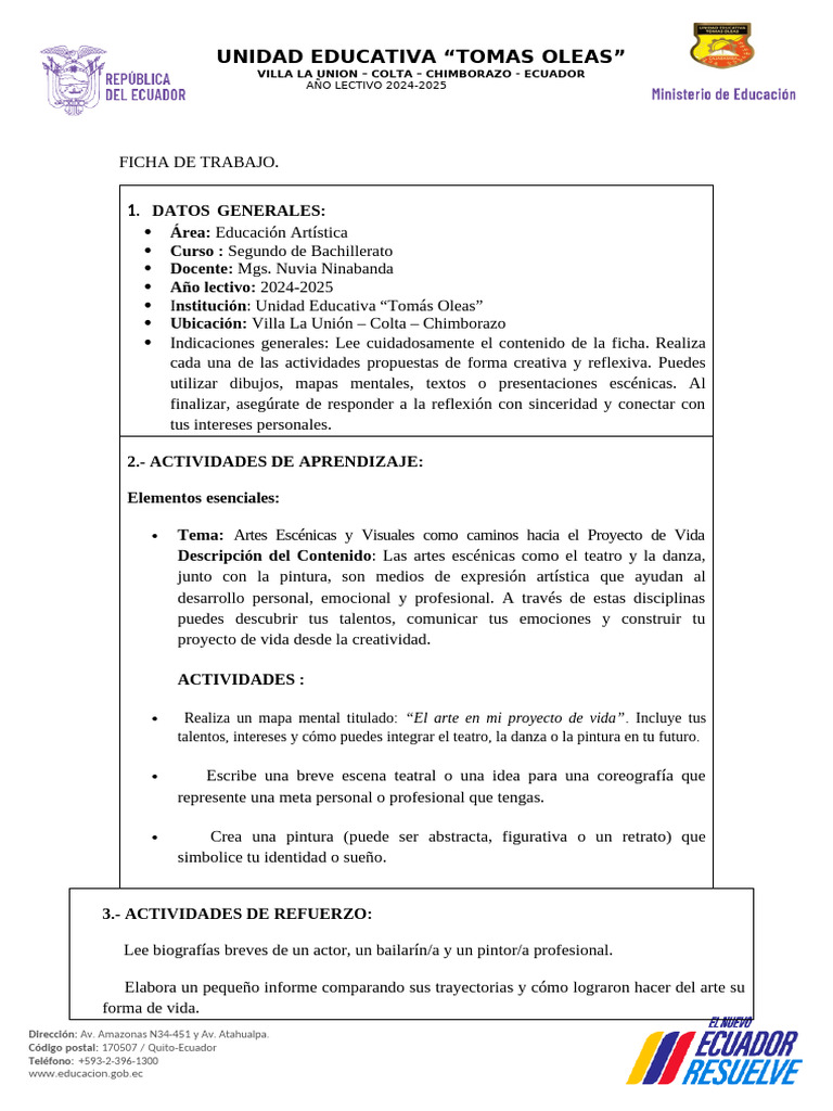 Ficha de Tarbajo 2do. Bach. Eca | PDF | Bailes | Las artes