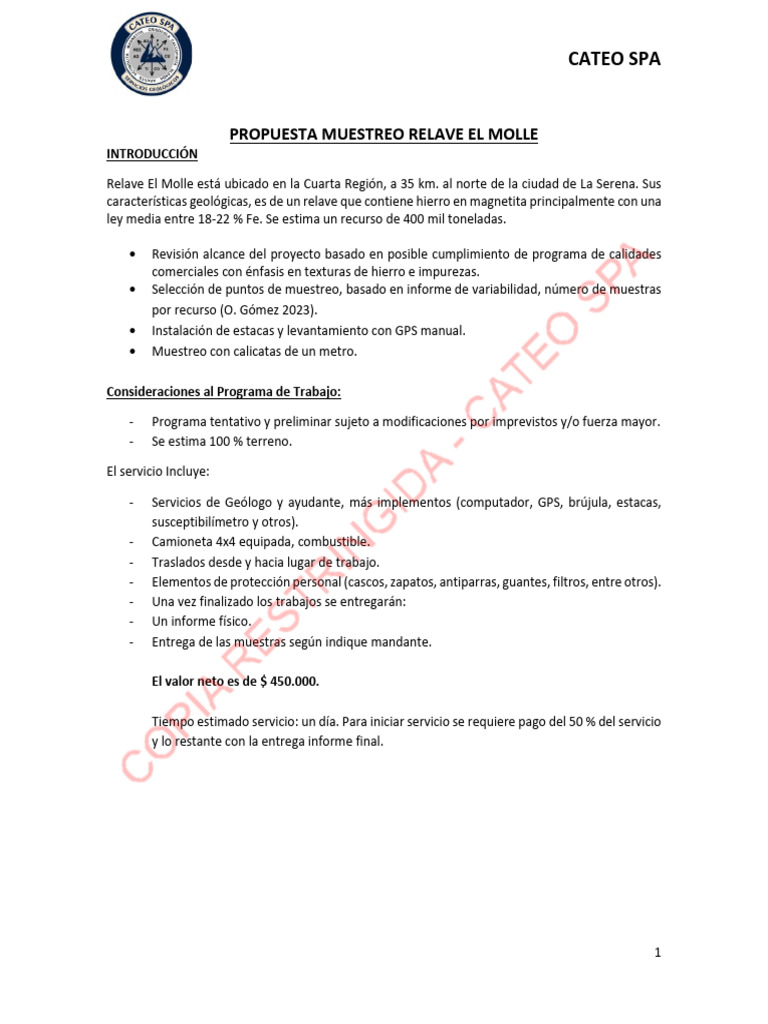 Propuesta Muestreo Relave El Molle - Watermark | PDF