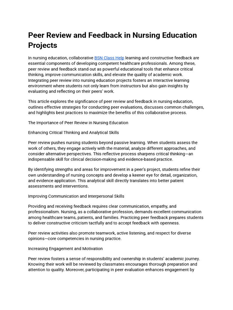 Peer Review and Feedback in Nursing Education Projects | PDF | Peer ...