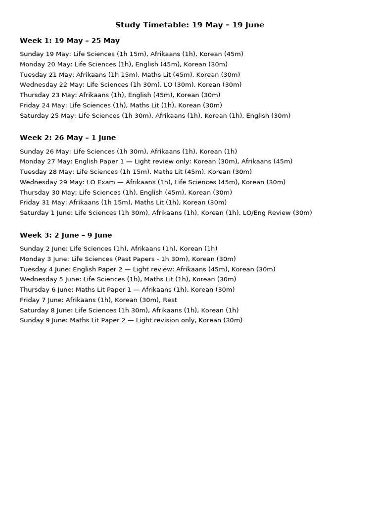 Updated Study Timetable May June 2025 | PDF