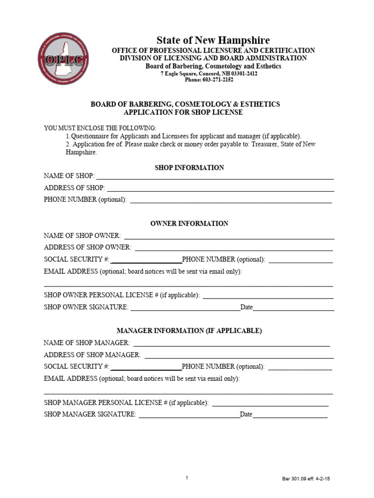 Barbering Cosmetology Application For Shop License | PDF