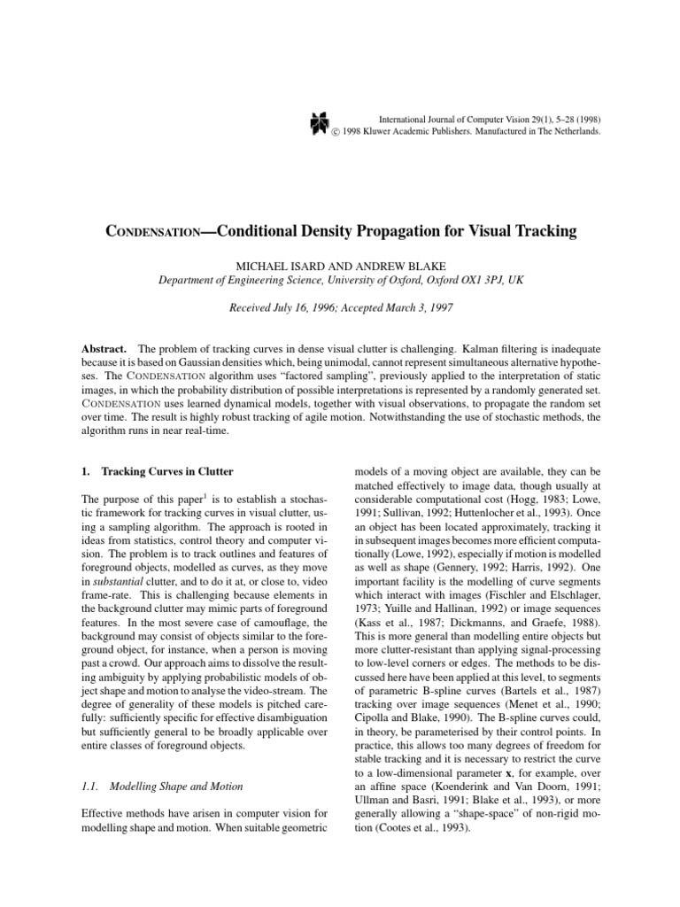 C Conditional Density Propagation For Visual Tracking Ondensation