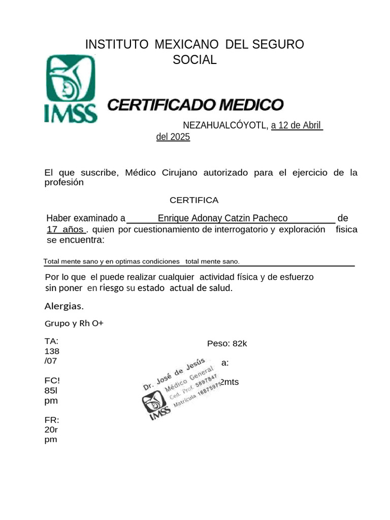 Certificado Medico Imss | PDF