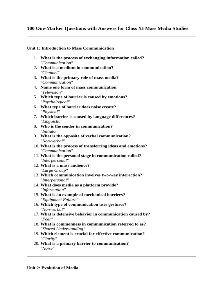 One-Marker Questions With Answers | PDF | Mass Media | Communication
