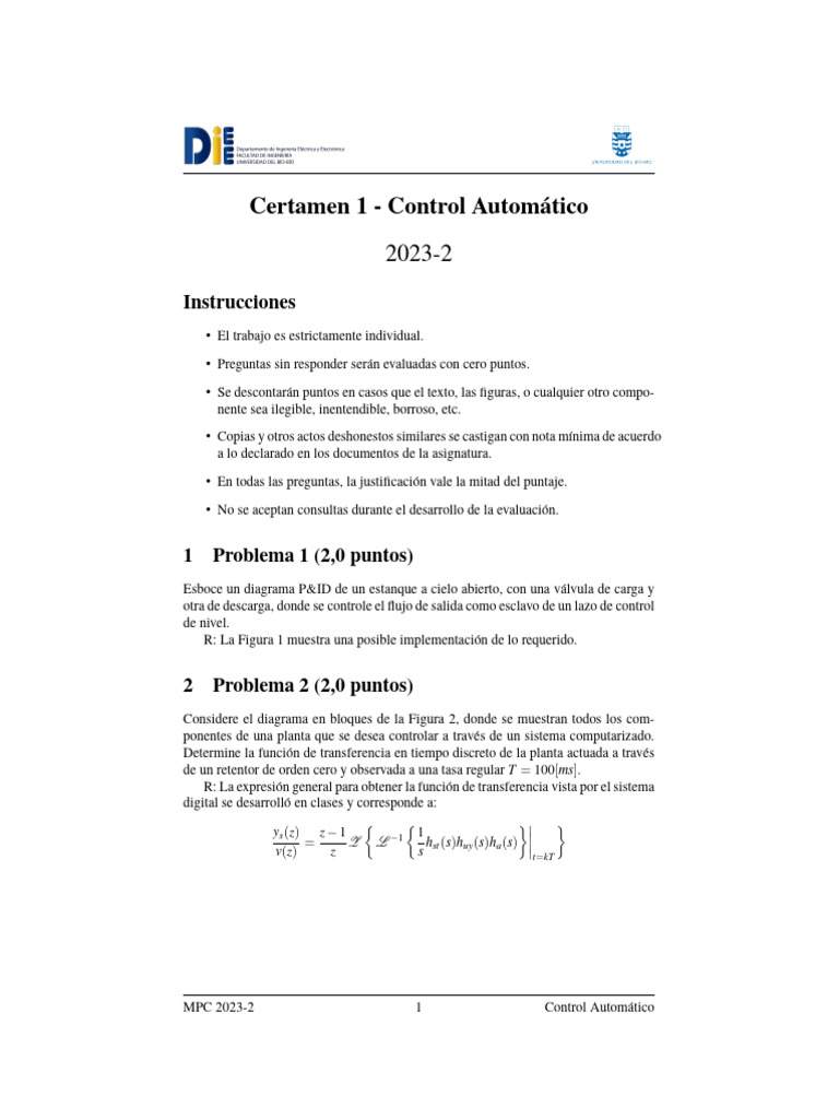 Certamen 1 - Control Automático: Instrucciones | PDF | Matemáticas Aplicadas | Matemáticas
