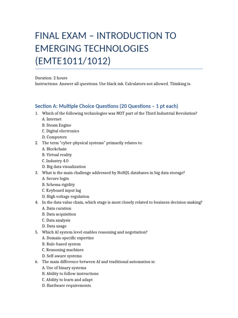 EMTE1011 Final Exam on Emerging Tech | PDF | Artificial Intelligence ...
