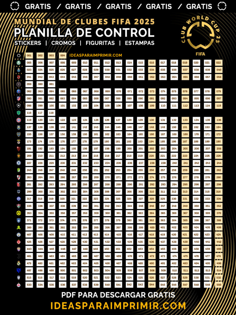 Planilla Control Album Panini Mundial Clubes Fifa 2025 Carta Pdf