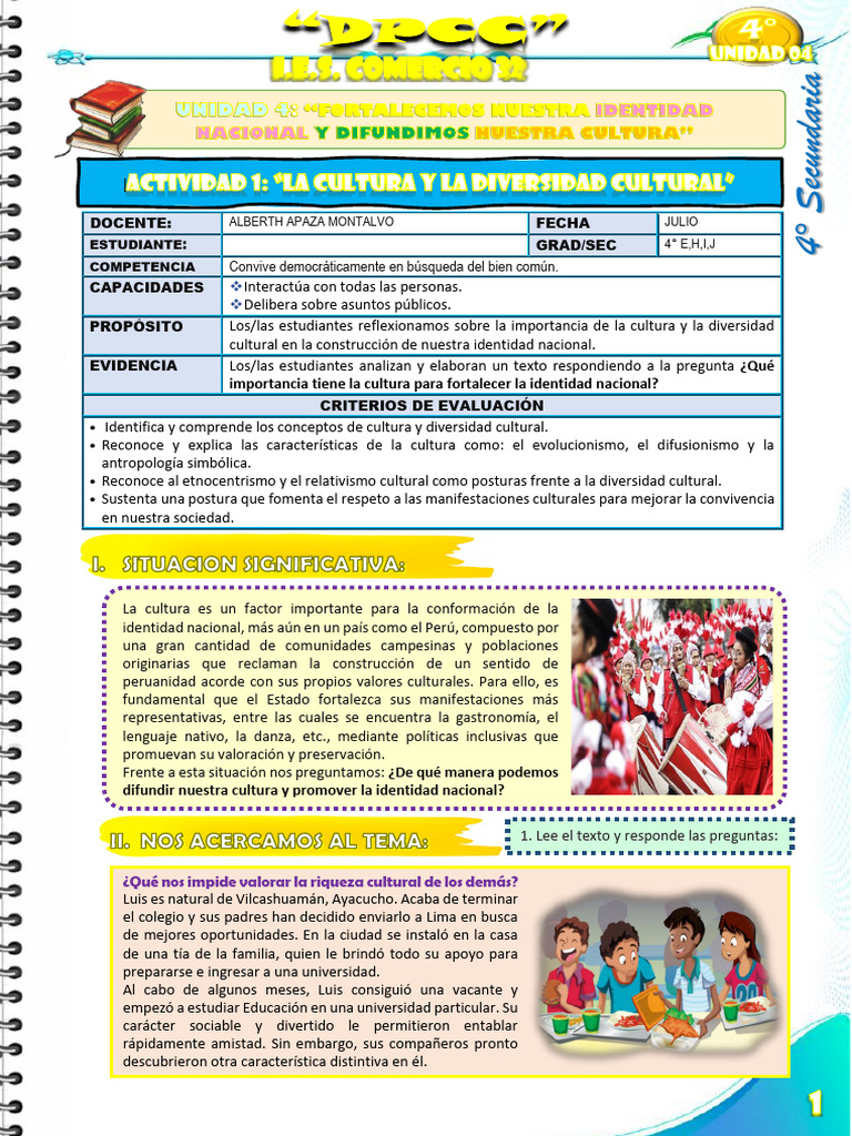 4° DPCC - Actv.01-Unid.4 2023 | PDF | Antropología | Sociedad