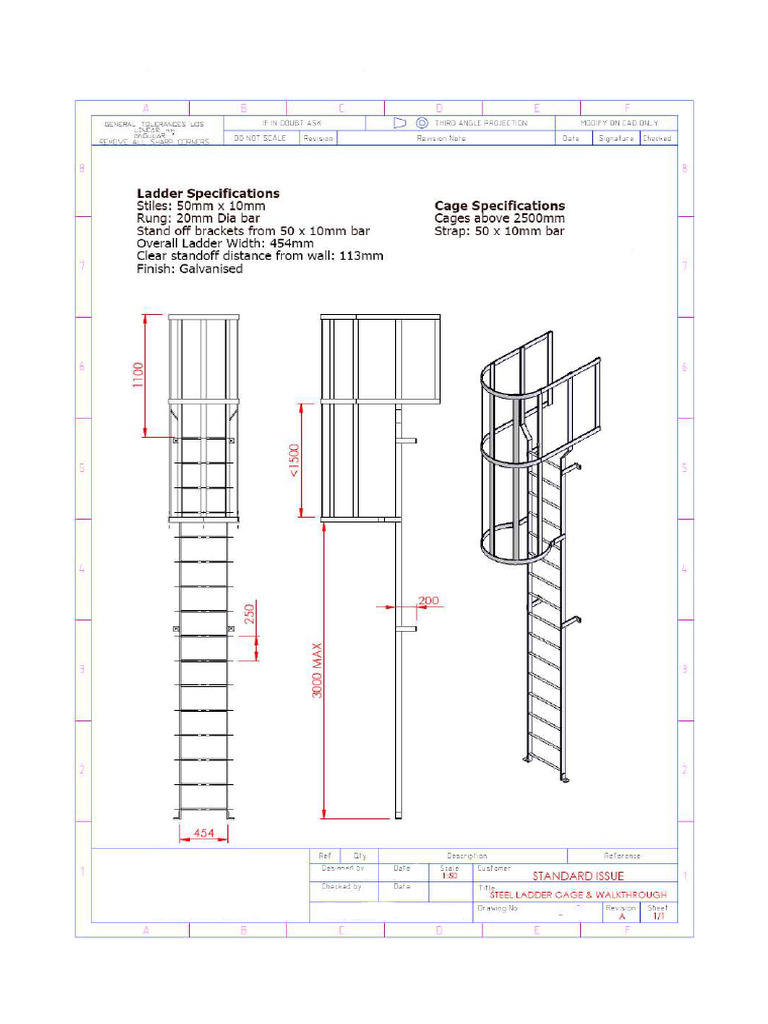 Drawing of Steel Standard Fixed Vertical Ladders With Walkthrough ...