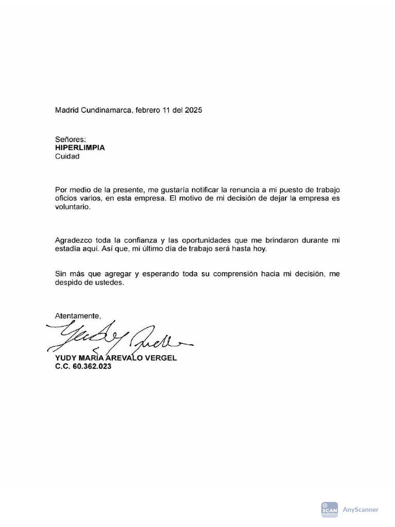 Carta Renuncia Yudy Arevalo | PDF