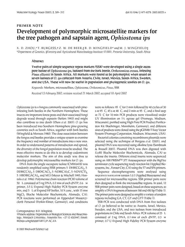 Development of Polymorphic Microsatellite Markers For The Tree Pathogen and Sapstain Agent ...