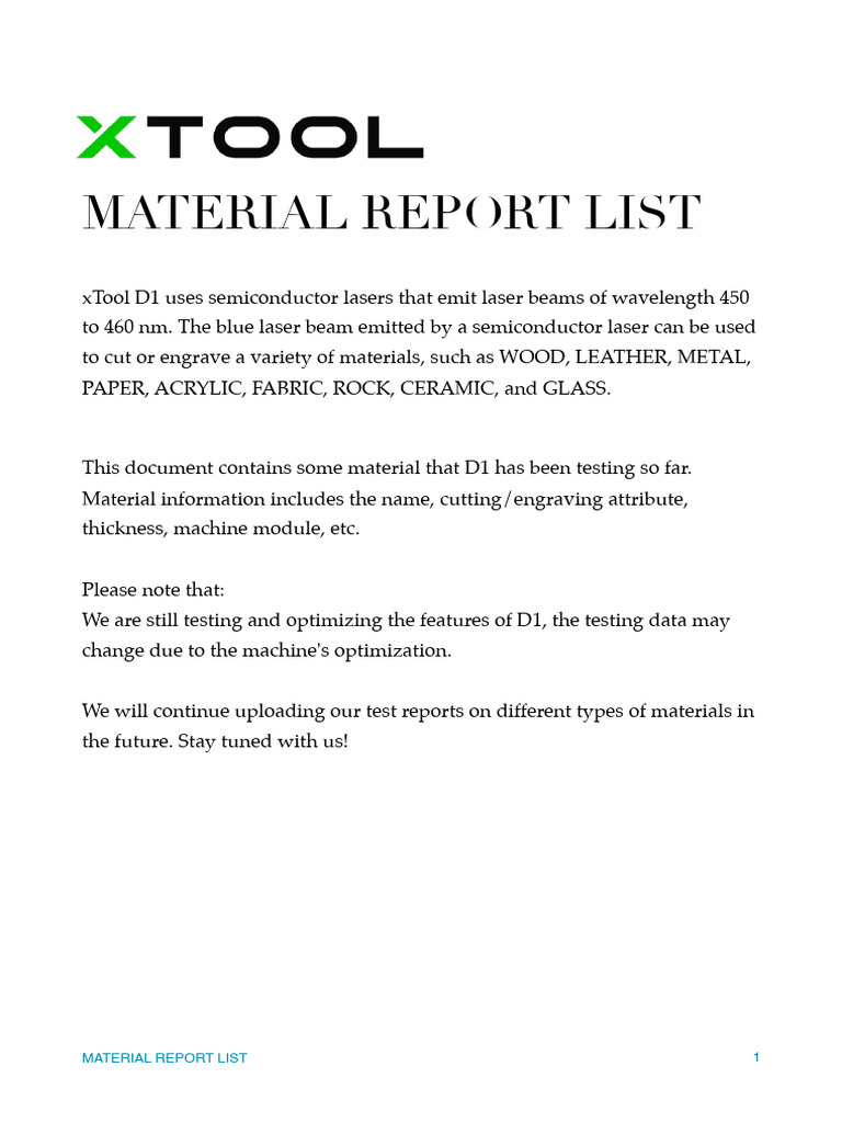 xTool D1 Material Settings Guide | PDF | Engraving | Laser