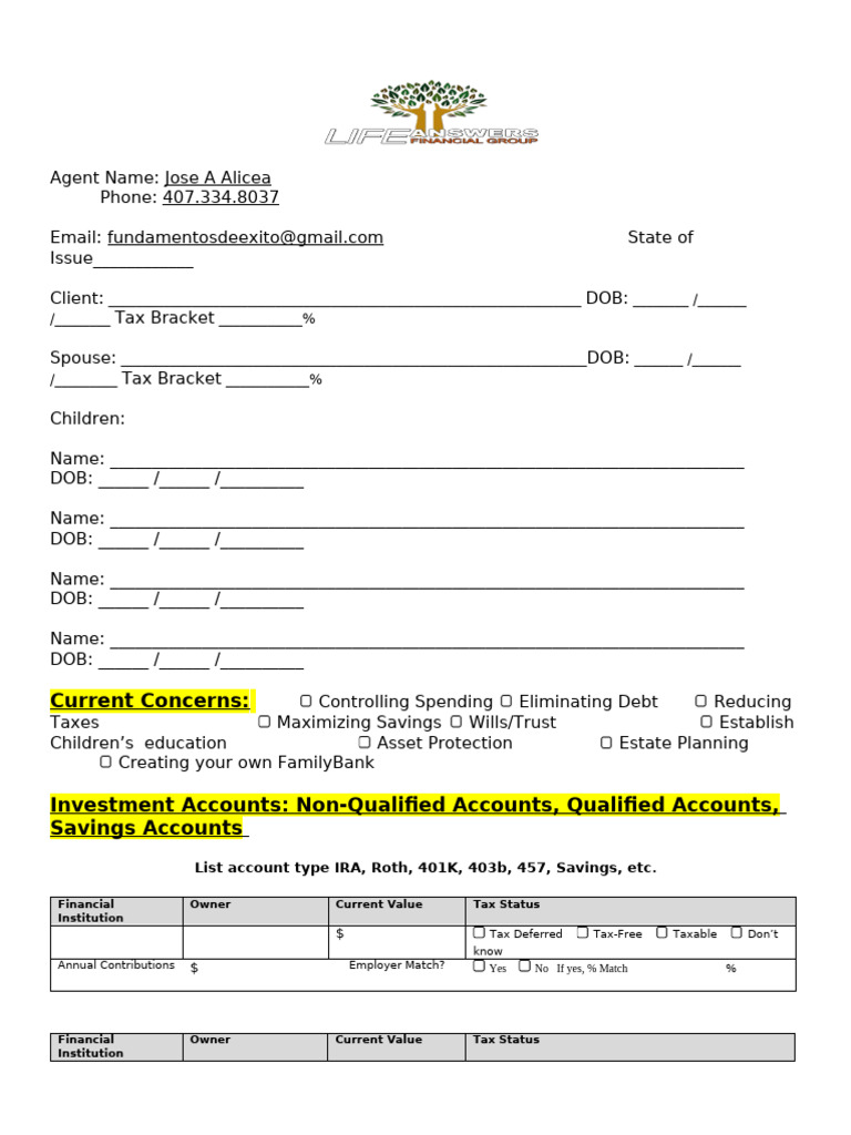 Client Fact Finder Form | PDF | Mortgages | Life Insurance