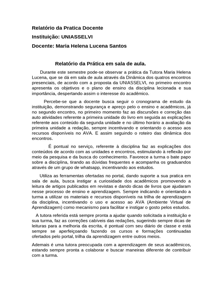 Relatório Da Pratica Docente - UNIASSELVI | PDF