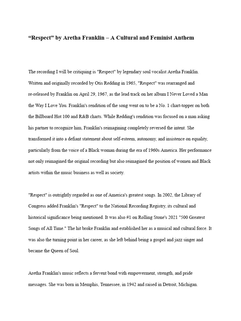 "Respect" by Aretha Franklin - A Cultural and Feminist Anthem | PDF ...