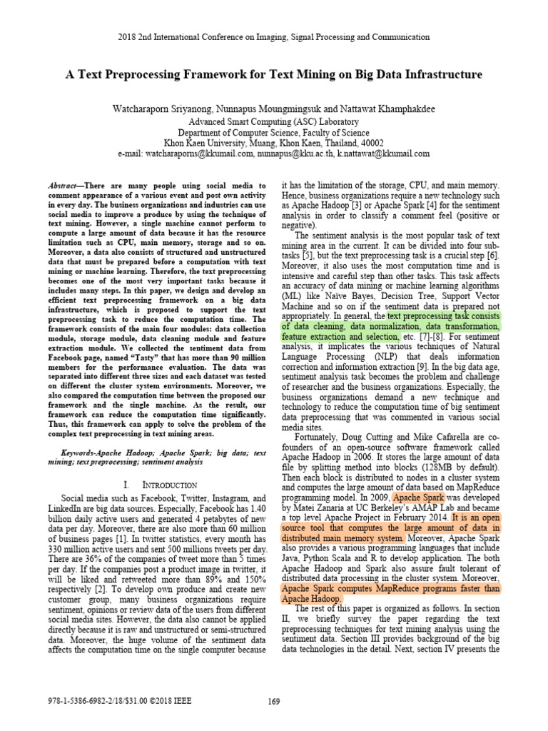 2018, Sriyanong - A Text Preprocessing Framework For Text Mining On Big Data Infrastructure ...