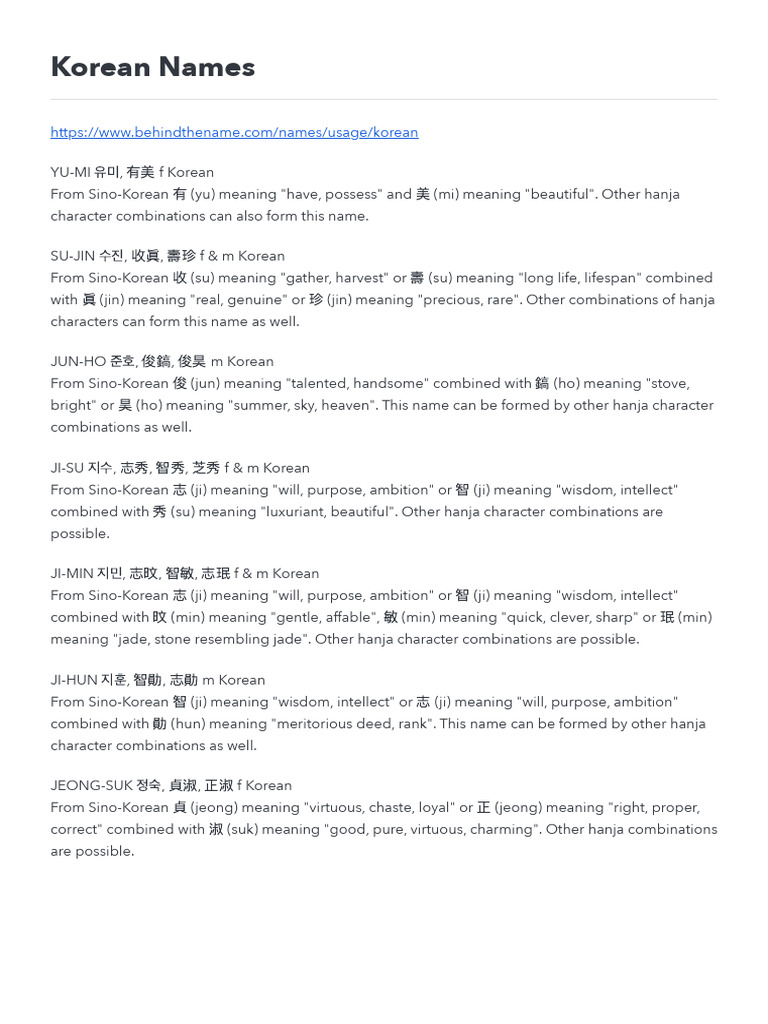 Korean Names and Their Meanings | PDF