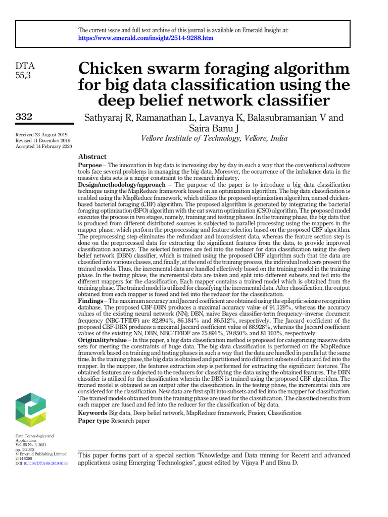 2020, Sathyaraj - Chicken Swarm Foraging Algorithm For Big Data Classification Using The Deep ...
