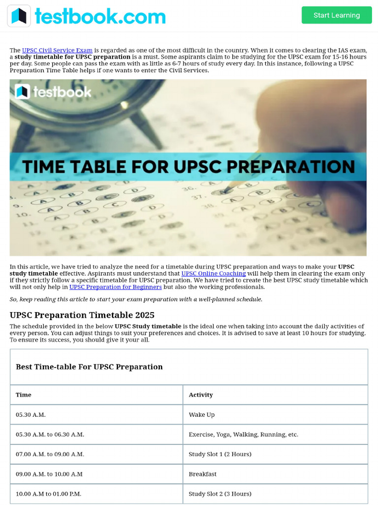 Time Table For UPSC Preparation - Get Detailed Study Plan For UPSC | PDF