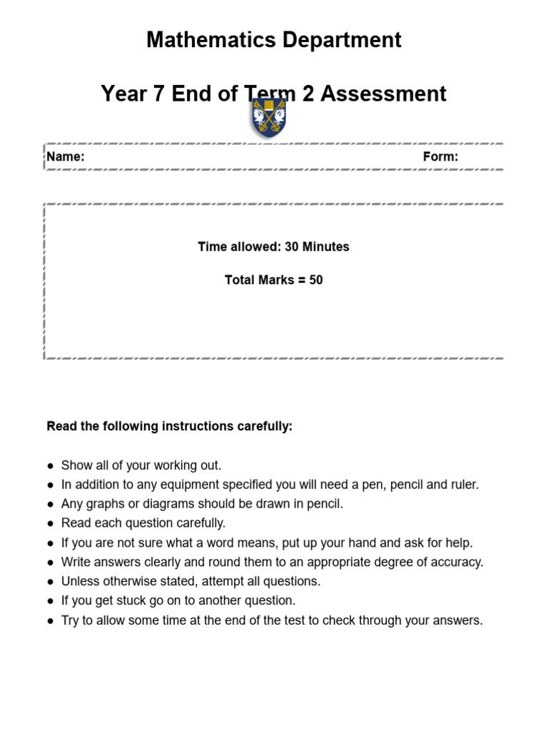 Year 7 End of Term 2 Assessment | PDF