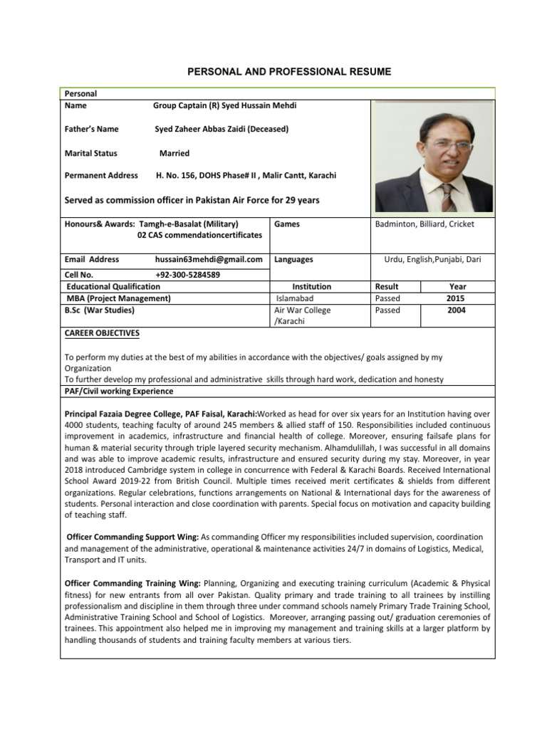 Syed Hussain Mehdi's Professional Resume | PDF | Pakistan | Karachi