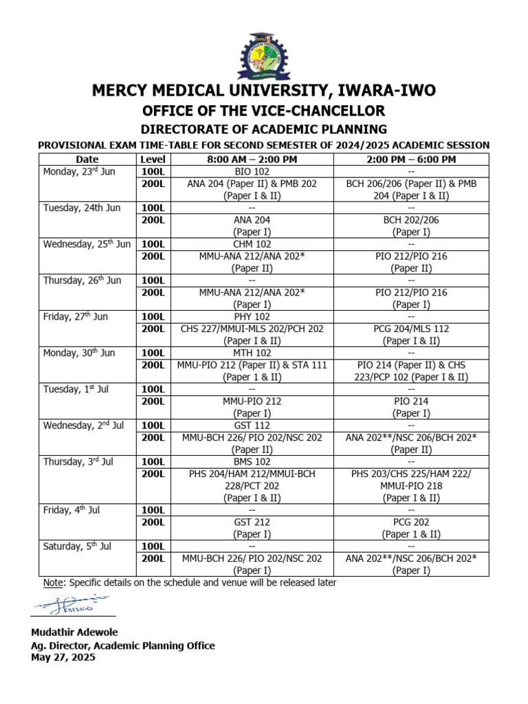 Provisional Final Exam Time-Table For 100l and 200l Students - Second ...