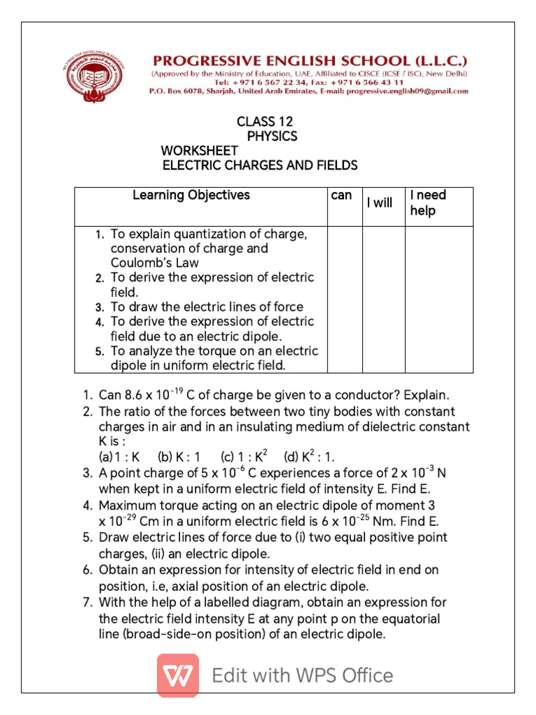 Physics-Class 12-WS-Electric Charges and Field | PDF | Electric Field | Force