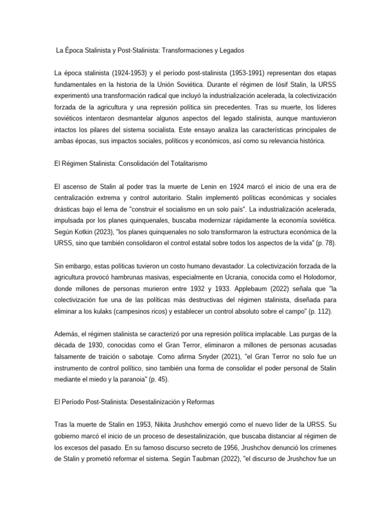 La Era Stalinista y su Legado | PDF | Unión Soviética | Política mundial