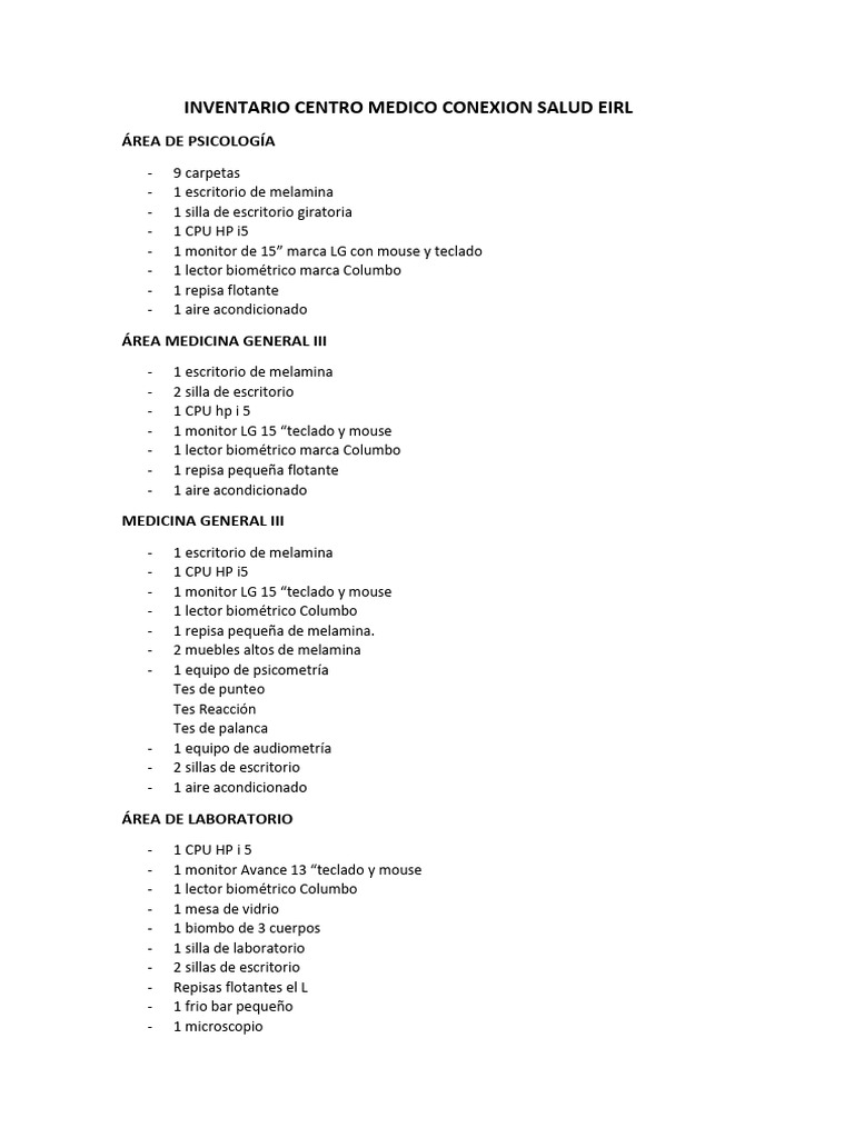 Inventario Centro Médico Conexión Salud | PDF | Escritorio | Equipo de ...