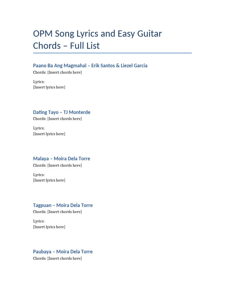 OPM Songs FULL Chords and Lyrics Template | PDF | Rock Music Groups ...