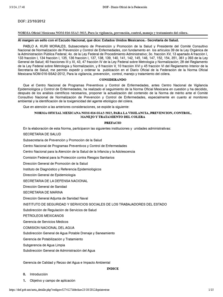 NORMA Oficial Mexicana NOM-016-SSA2-2012, para La Vigilancia, Prevención, Control, Manejo y ...