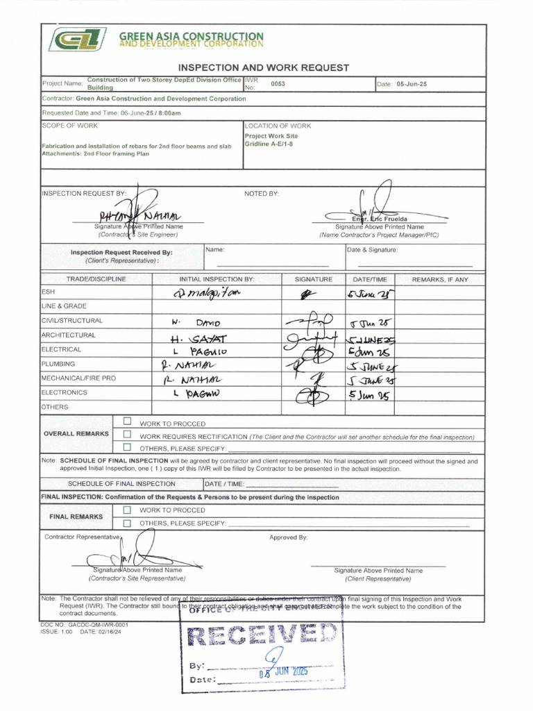 Iwr No 0053 Fabrication And Installation Of Rebars For 2nd Floor Beams