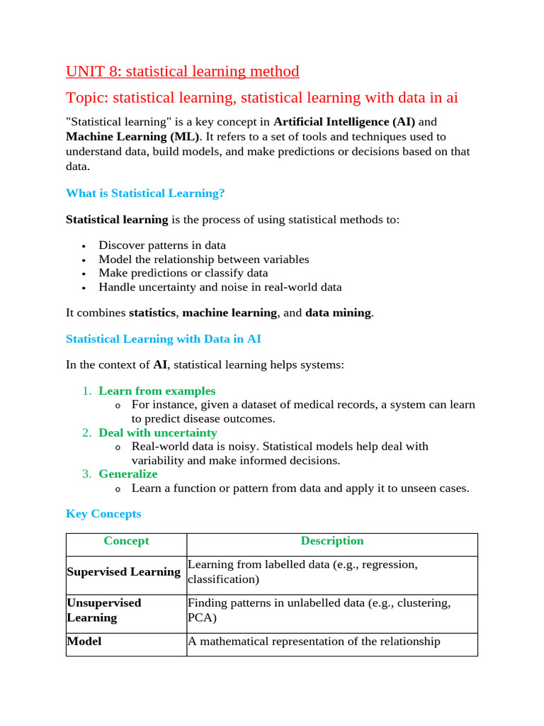 Unit 8 Stastical Learning Method | PDF | Machine Learning | Statistics