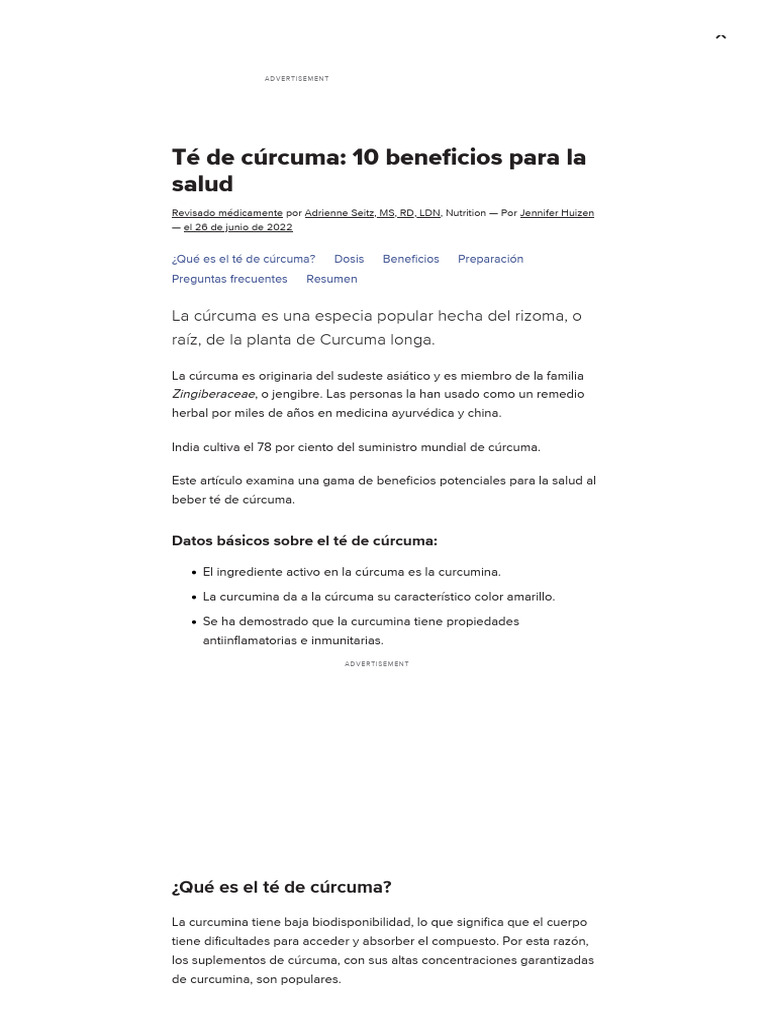 Té de Cúrcuma - Beneficios para La Salud, Tipos y Preparación | PDF ...