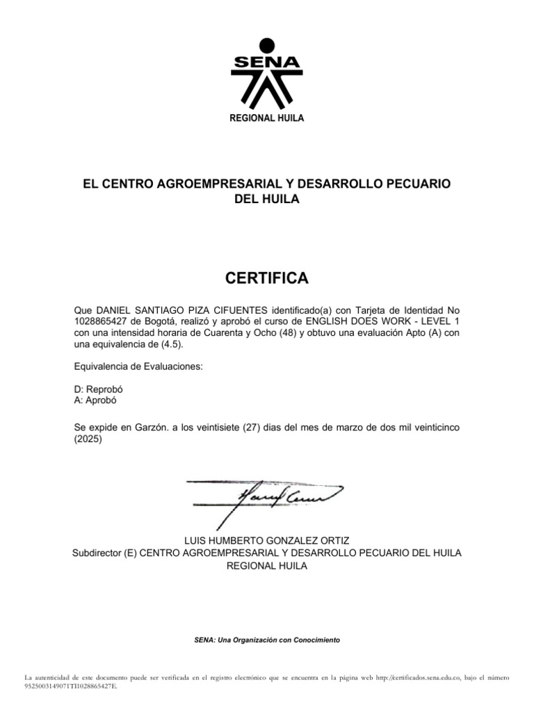 Certificado Ingles Does Work-Level 1 | PDF