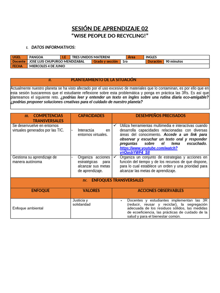 INGLES 1ro SESIÓN DE APRENDIZAJE 02 | PDF | Aprendizaje