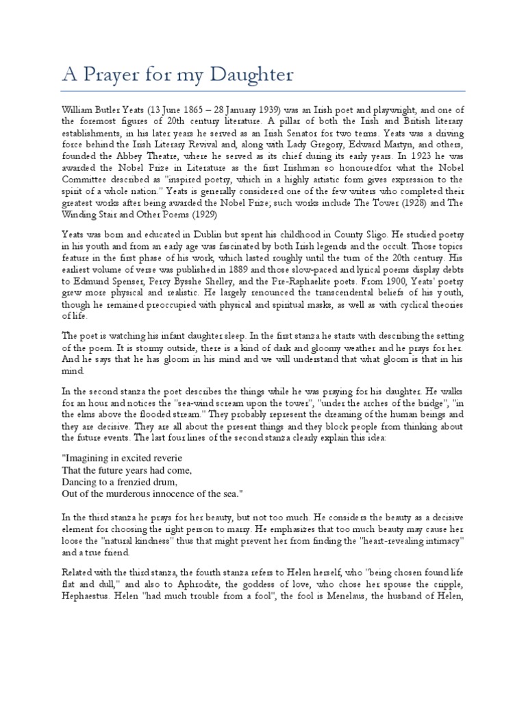 A Prayer For My Daughter | PDF | W. B. Yeats | Poetry