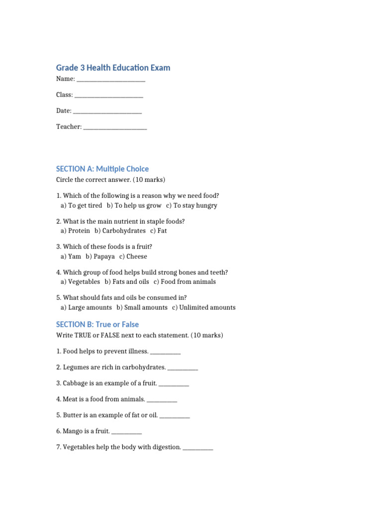 Grade 3 Health Education Exam | PDF