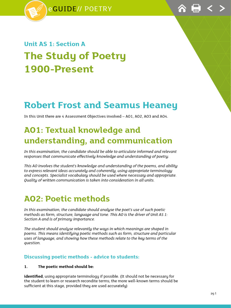 As 1 English Literature EGuide Robert Frost and Seamus Heaney | PDF | Poetry | Metre (Poetry)