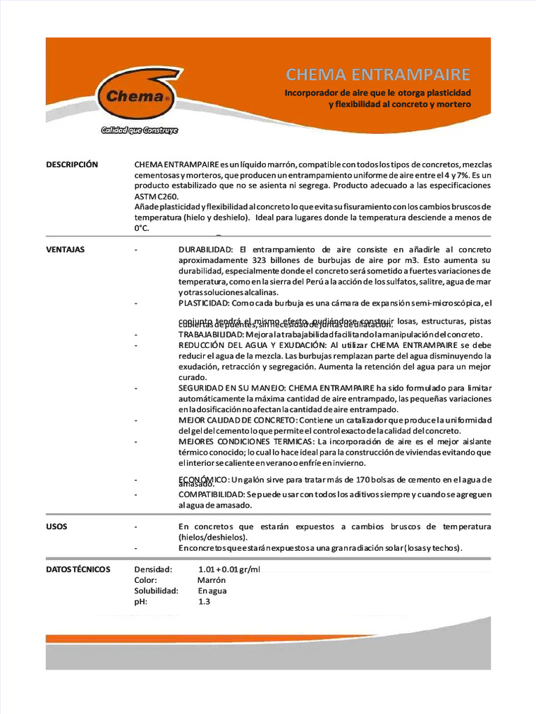 Aditivo CHEMA ENTRAMPAIRE para concreto | PDF | Hormigón | Ingeniería ...
