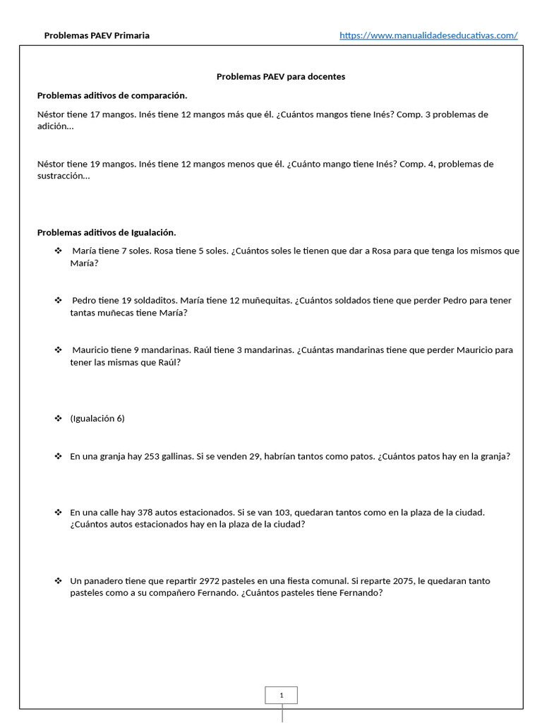 PARTE 1 - 50 Problemas PAEV Primaria | PDF