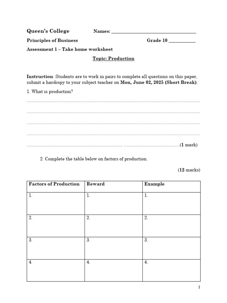 Grade 10 Production and Contract Worksheet | PDF