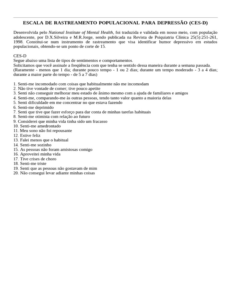 Escala de Rastreamento Populacional para Depressão (CES-D) | PDF